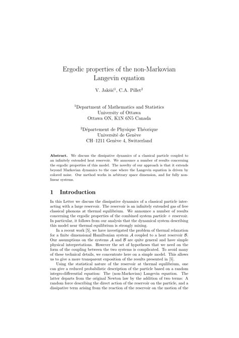 Pdf Ergodic Properties Of The Non Markovian Langevin Equation