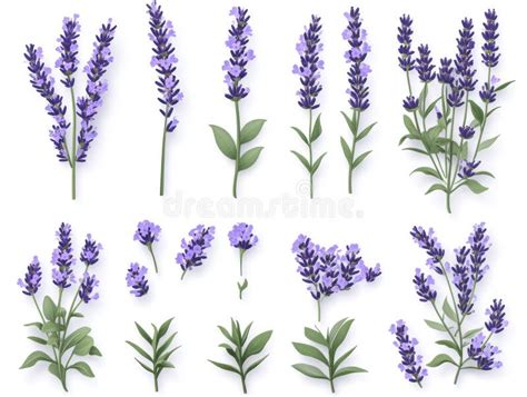 Pixel Art Lavender Flowers Collection Purple Sprigs Isolated On White