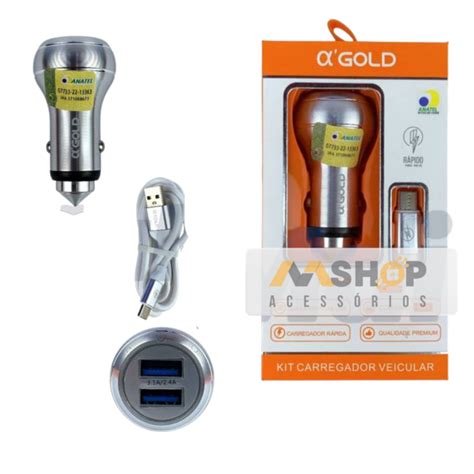 Kit Carregador Veicular Tipo C Metal USB A Homologado Anatel Agold