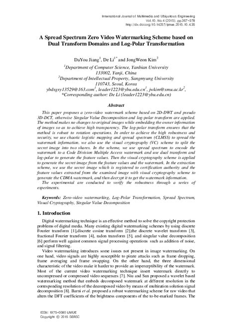 Pdf A Spread Spectrum Zero Video Watermarking Scheme Based On Dual