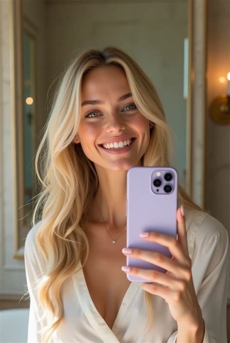 Realistic And Natural Blonde Woman With Green Eyes Taking Selfie In