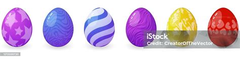 부활절 카드와 인사말의 장식흰색 배경에 고립 된 다른 질감벡터 컬러 부활절 달걀의 집합 하이라이트와 그림자와 다른 색상의 만화 계란의 컬렉션 3차원 형태에 대한 스톡 벡터