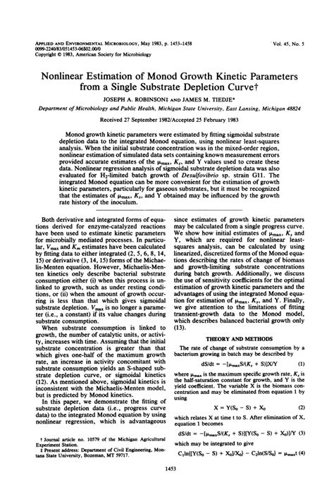 Pdf Nonlinear Estimation Of Monod Growth Kinetics From A Single