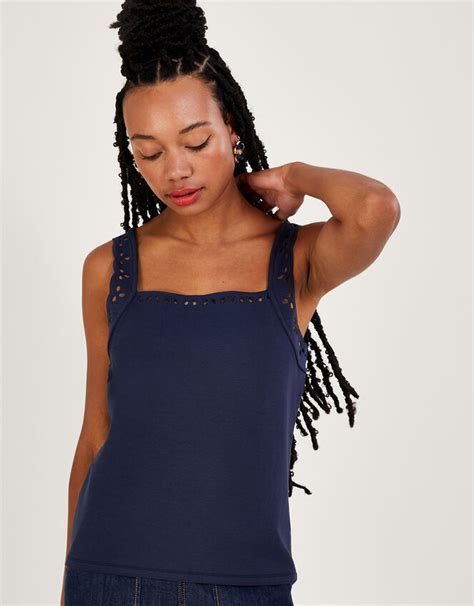 Jersey Cutwork Cami Tank Top Blue Vests Camisoles And Sleeveless