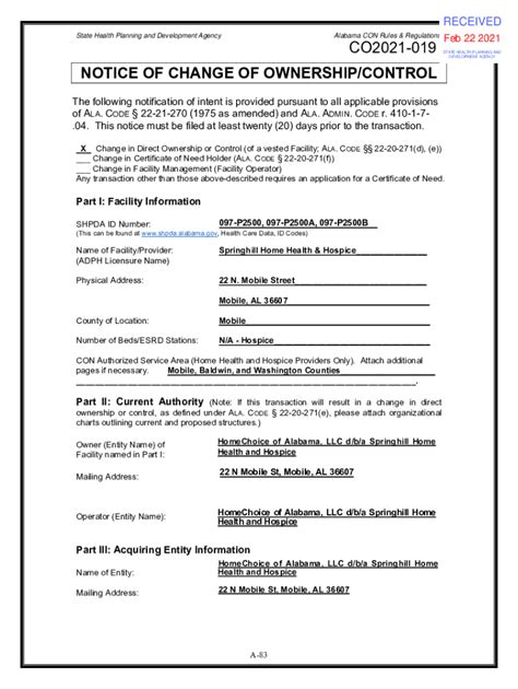 Fillable Online Shpda Alabama NOTICE OF CHANGE OF OWNERSHIP CONTROL