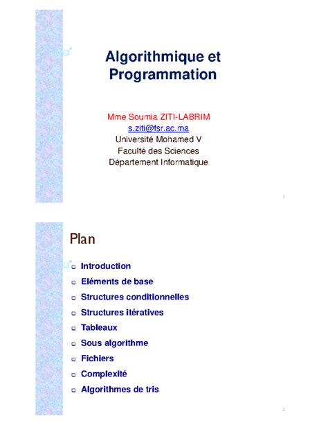 Algorithmique Et Programmation Algorithmique Et Programmation Mme Soumia Ziti Labrim S Fsr Ac
