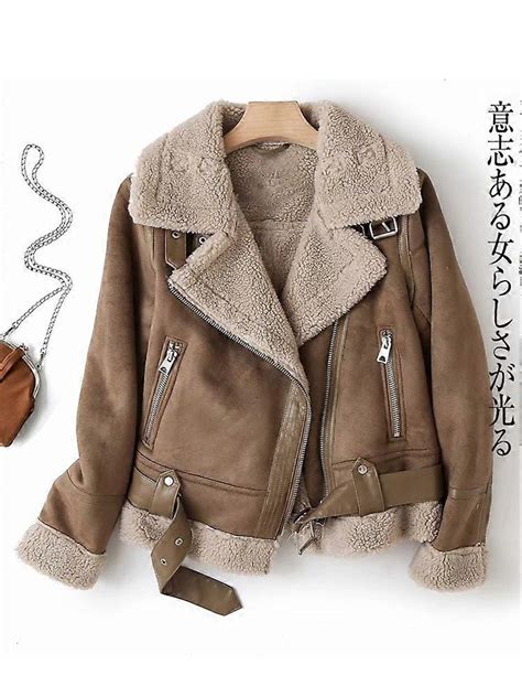 Women Winter Faux Shearling Sheepskin Fake Leather Jackets Lady Thick