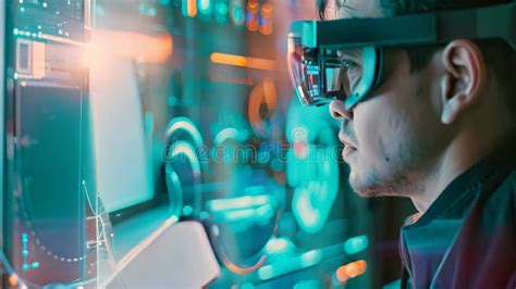 A Man Wearing Virtual Reality Glasses Is Pointing At A Screen In A Futuristic Setting Designing