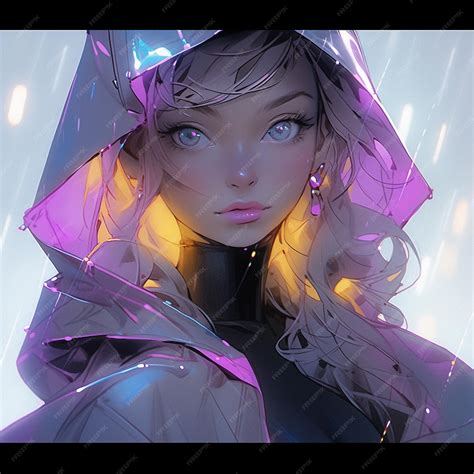 Anime Girl With Purple Raincoat And Hood In The Rain Generative Ai