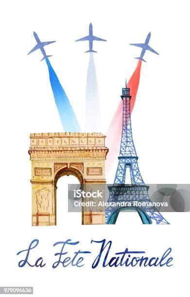 라 Fete 국립입니다 텍스트 프랑스 국경일 입니다 카드 및 포스터 디자인입니다 손으로 그린 개선문 에펠 탑 프랑스의 국기와 비행기와 수채화 그림 14에 대한 스톡 벡터