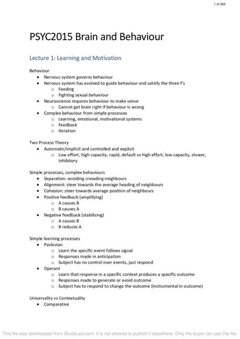 notes for brain and behavioural psychology psyc2015 at university of