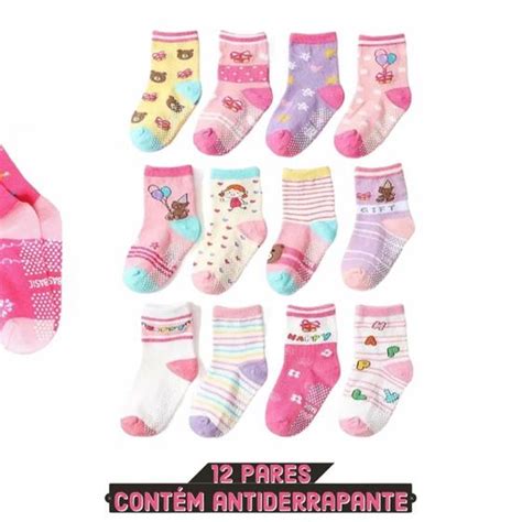 Kit 12 Pares Meia Infantil Menina Com Antiderrapante Cano Médio