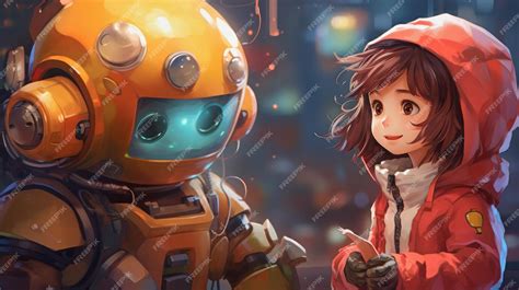 Anime Illustration Of A Cute Girl Meeting A Robot Premium Ai