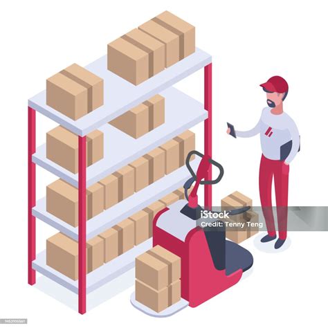 아이소메트릭 창고 작업자 소포와 상자 창고 및 물류 지게차 3d 벡터 삽화가 있는 배달 및 배송 서비스 노동자 흰색 배경에 3차원 형태에 대한 스톡 벡터 아트 및 기타