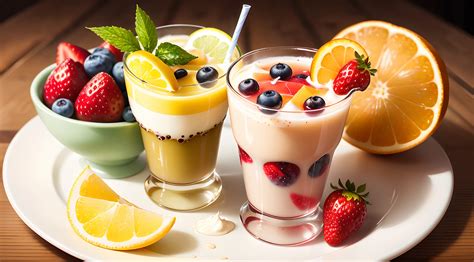 테이블 위에 과일 두 잔과 과일 그릇이 있습니다 Seaart Ai