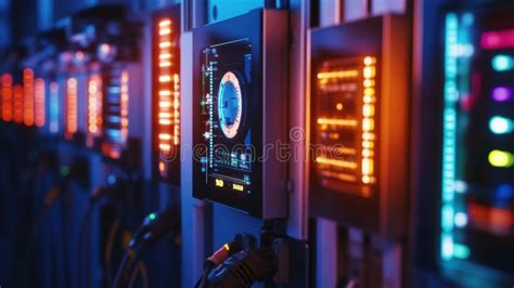 Futuristic Control Panel Monitoring Showing Charts And Data In A Server