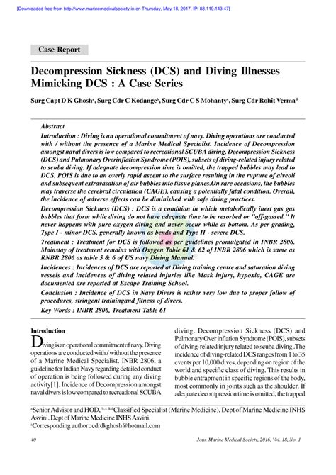 Pdf Decompression Sickness Dcs And Diving Illnesses Mimicking Dcs A Case Series
