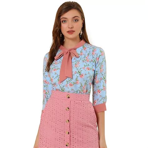 Womens Floral Tops Bow Tie V Neck Contrast Trim 34 Sleeve Vintage Blouse