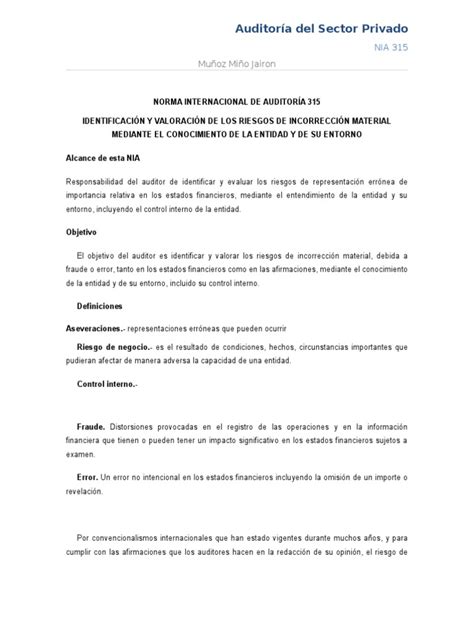 Nia 315 Pdf Auditoría Financiera Contralor