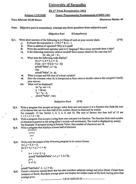 Programming Fundamentals Past Papers Bscs Bsit Pdf