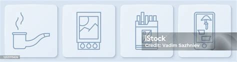 세트 라인 흡연 파이프 담배 팩 상자 열기 성냥갑 및 일치 및 전화로 온라인으로 마약을 구입 흰색 정사각형 버튼 벡터 가연성에 대한 스톡 벡터 아트 및 기타 이미지 Istock