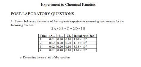 Solved Experiment 6 Chemical Kinetics Post Laboratory