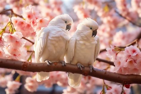 Premium Ai Image Two Large White Macaw Parrots Sit On A Branch Of