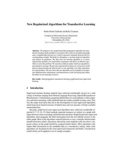 PDF New Regularized Algorithms For Transductive Learning