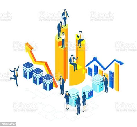 성장 차트와 바를 중심으로 일하는 비즈니스 인력과 함께 Isometric 3d 비즈니스 환경 금융 경제 은행 성공 개인 보안