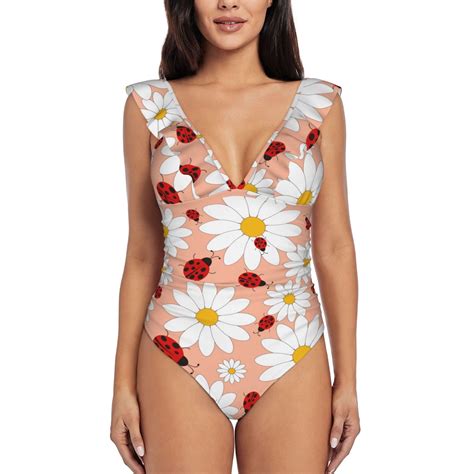 Junzan Ruffle One Piece Swimsuits For Women V Neck Daisy And Ladybug