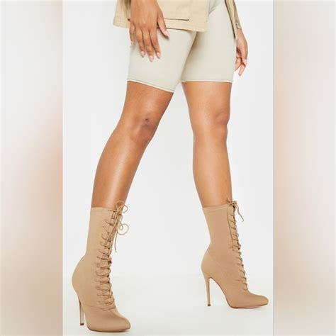 Prettylittlething Shoes Mazy Nude Lace Up Sock Boots Poshmark