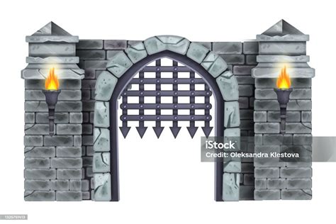 성 연철 벡터 게이트 일러스트레이션 중세 벽돌 기둥 포털 흰색에 고립 된 돌 아치 성 건축물에 대한 스톡 벡터 아트 및 기타 이미지 성 건축물 게이트 중세 Istock
