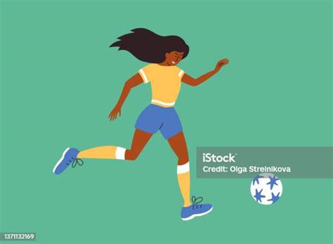 Ilustrasi Vektor Pemain Sepak Bola Wanita Muda Berlari Dan Menendang