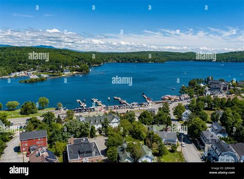 Low Level Aerial Of The Town Of Meredith And Lake Winnipesaukee In
