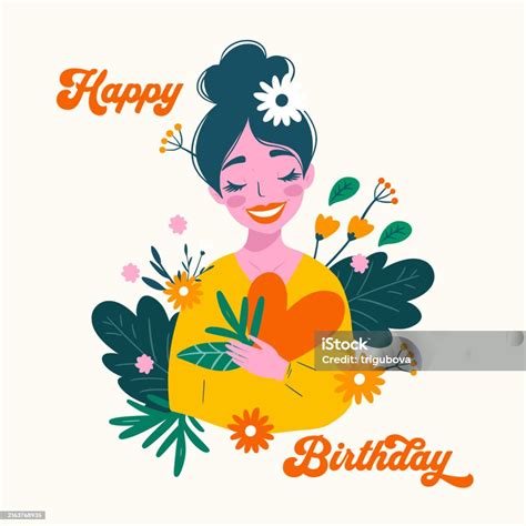 생일 축하 해요 벡터 인사 행복 한 여자 와 함께 마음 꽃 만화 평면 스타일 엄마 엄마 딸에 대 한 벡터 인사말 사랑 카드