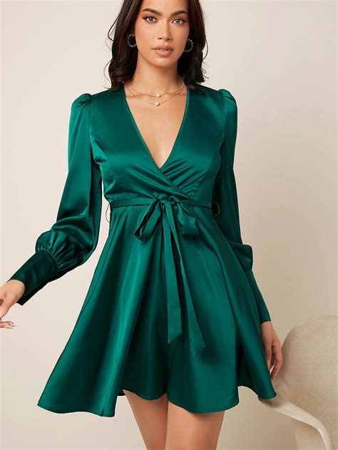 Surplice Neck Belted Satin Dress Shein Dress Dress Satin Dresses