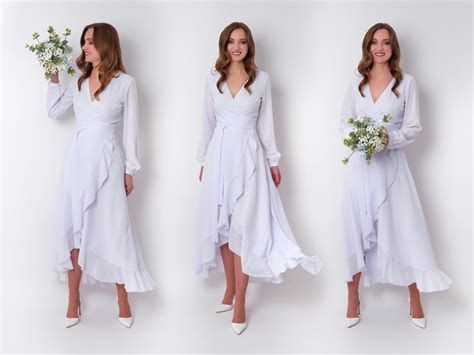 White Chiffon Wrap Dress Simple Wedding Dress Wedding Guest Dress