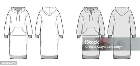 드레스 후드 기술 패션 일러스트 와 긴 소매 캥거루 파우치 리브 커프 오버사이즈 바디 무릎 길이 스커트 0명에 대한 스톡 벡터