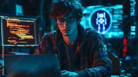 Young Male Programmer Or Developer Working Late At Night In A Darkfuturistic Looking Tech