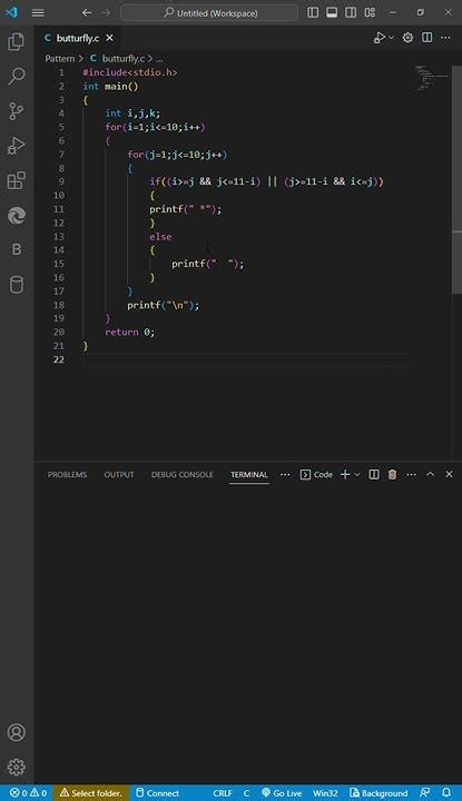 shorts 🔥🔥 c program print butterfly using for loop and if else youtube