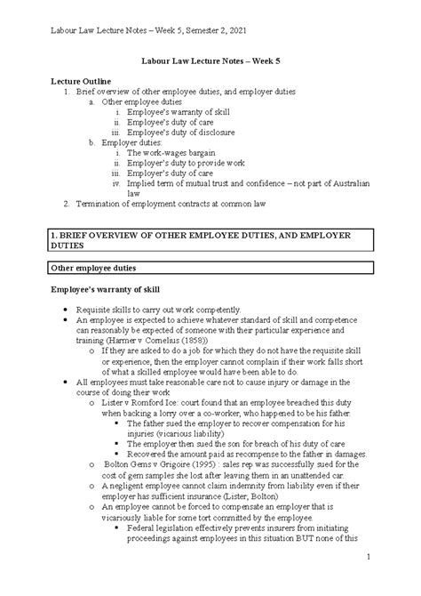 Week 5 Lecture Outline Key Passages From Cases Labour Law Lecture