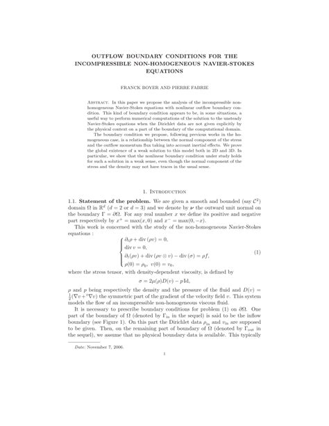 Pdf Outflow Boundary Conditions For The Incompressible Non Homogeneous Navier Stokes Equations