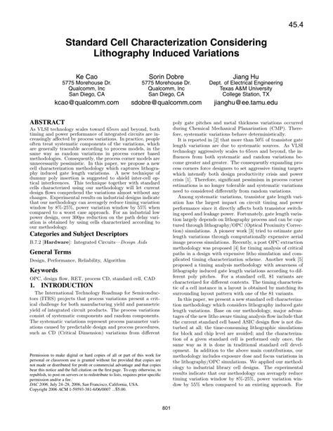 Pdf 454 Standard Cell Characterization Considering Lithography