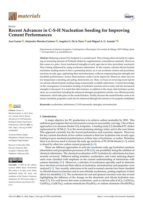 Pdf Recent Advances In C S H Nucleation Seeding For Improving Cement Performances