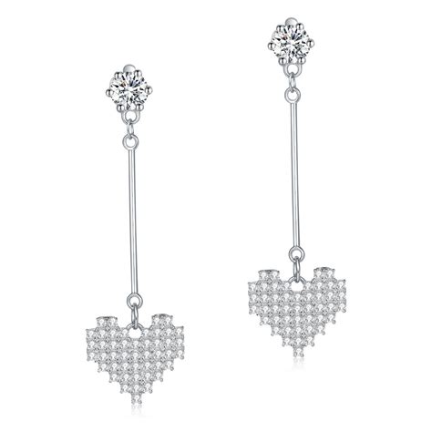 Dangle Heart Solid 925 Sterling Silver Earrings Evening Fashion Brid