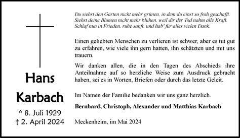 Traueranzeigen Von Hans Karbach Ga Trauer De