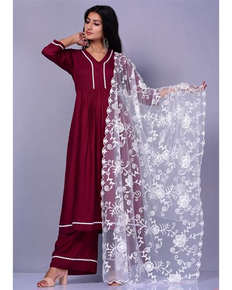 Maroon Lace Kurta And Palazzo With Embroidered Dupatta Set Of Three By