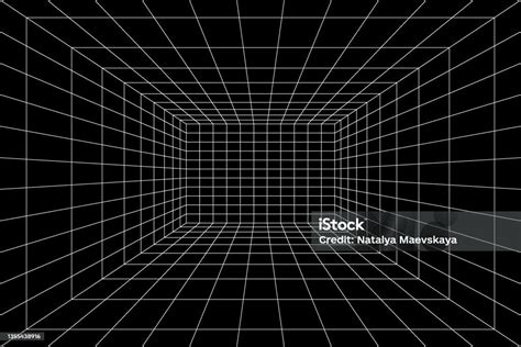 원근의 그리드 룸 3d 스타일의 벡터 일러스트레이션 흰색 선 템플릿 내부 사각형 디지털 빈 상자에서 실내 와이어 프레임 추상 기하학적 설계 배경 배경 주제에 대한 스톡 벡터
