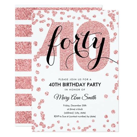 Modern Rose Gold Glitter 40th Birthday Party Invitation Zazzle 40th