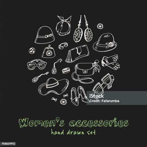 女裝配件手繪塗鴉集草圖設計和包裝產品的向量插圖符號集合白色背景上的孤立元素向量圖形及更多個人飾物圖片 個人飾物 商務 帽子 Istock